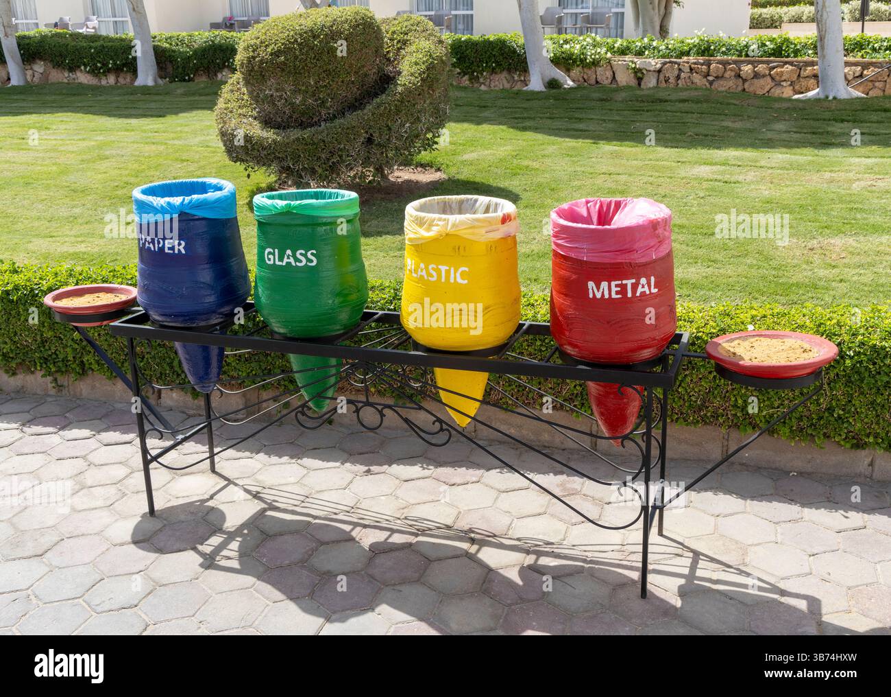 Color-coded recycle bins in Egypt hotel resort dedicated to separate ...