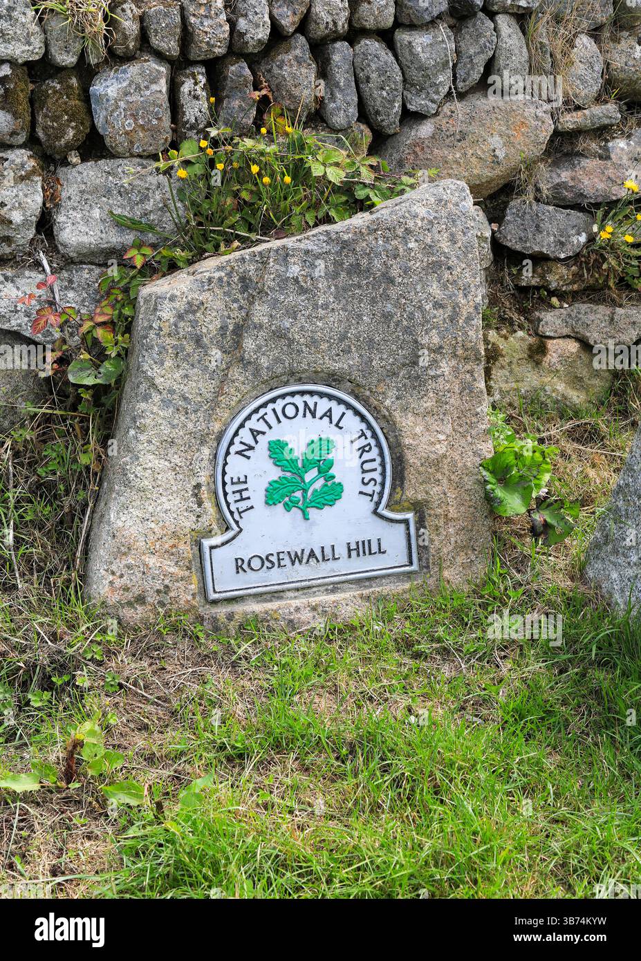 A National Trust omega sign at Rosewall Hill near to St Ives, Cornwall ...