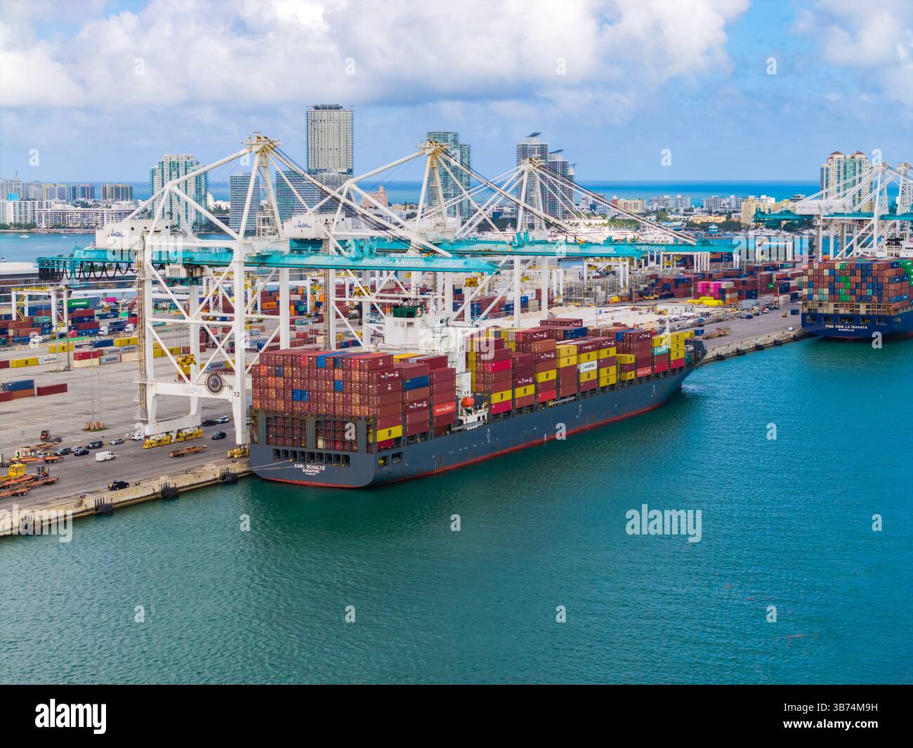 Miami, Florida - February 12, 2025: Port of Miami. Cargo ship loaded ...