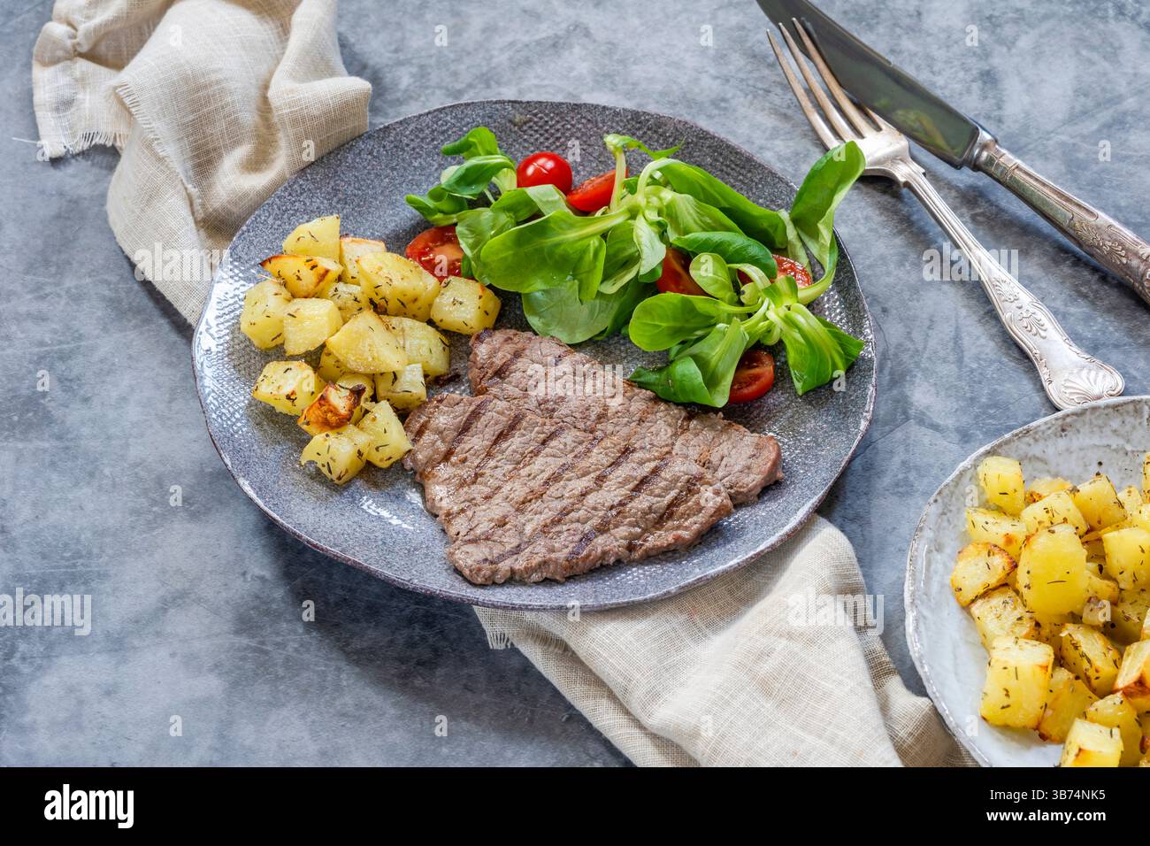 Minute beef steak with sautéed potatoes Stock Photo - Alamy