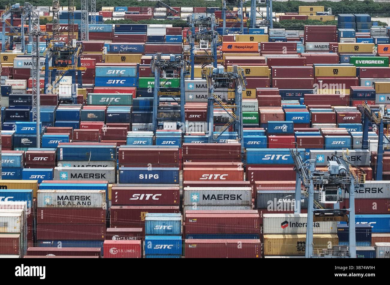 Aerial view of foreign trade containers piled up at a container ...