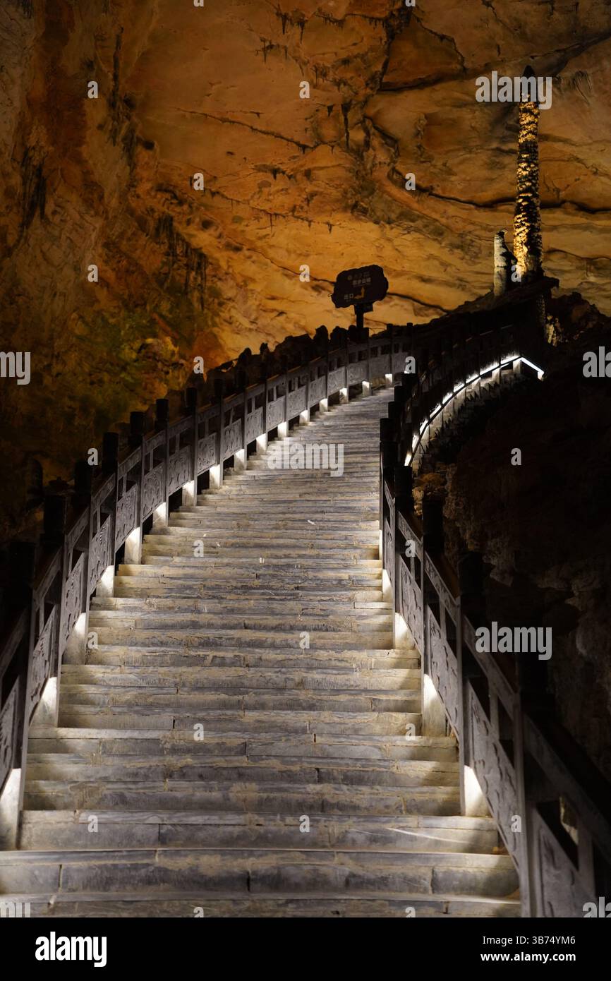 Illuminated Staircase Leading into the Mystical Huanglong Cave, Zhangjiajie, China Stock Photo ...