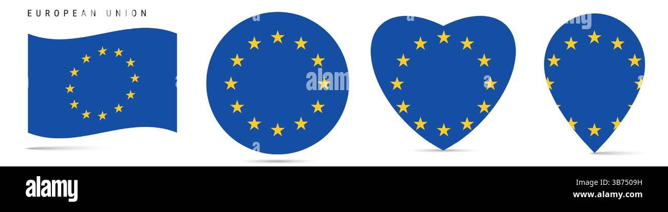 European Union waving flag, round circle sticker badge, heart shaped ...