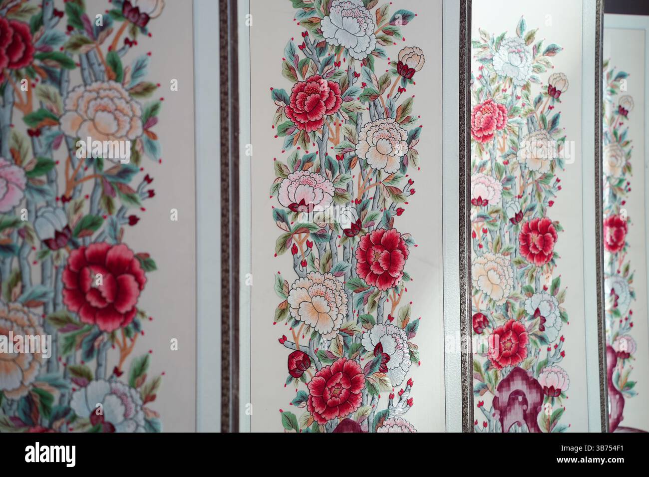 Close-Up of Traditional Korean Folding Screen with Embroidered Floral ...