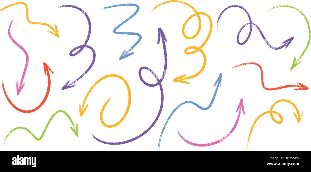 Pastel crayon arrows pack - hand sketched curved lines, round swirls ...