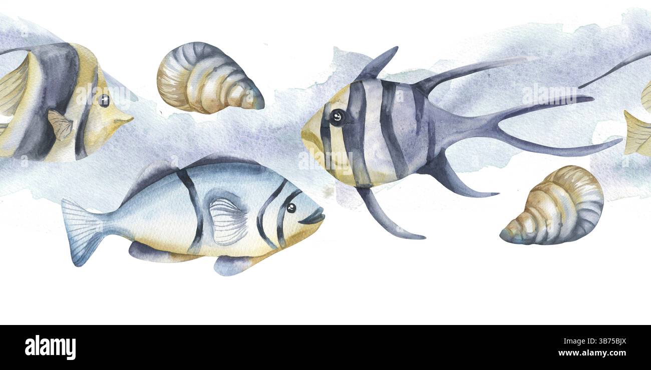 Marine seamless border with watercolor deep sea striped fish and shells ...