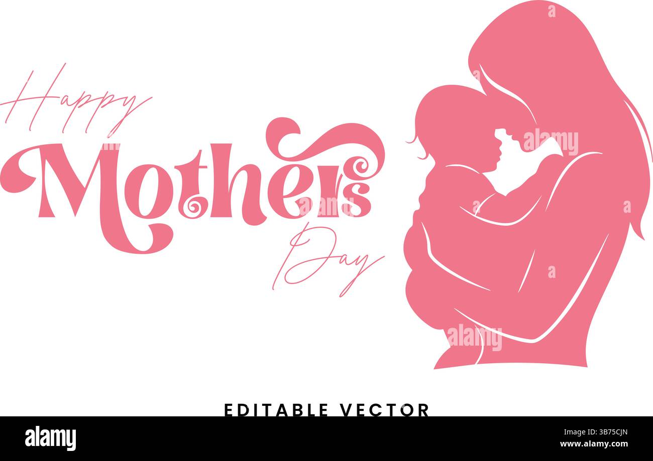 Happy Mother's Day vector with mother and baby silhouette in pink Stock ...