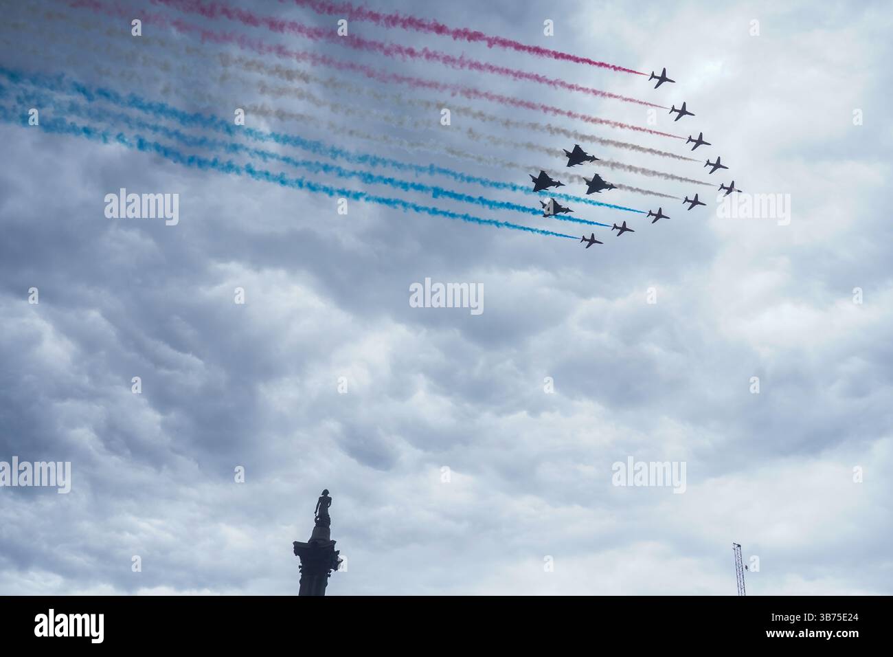 London UK 5 May 2025. Hawk 1 Red Arrows accompanied by RAF Typhoons ...