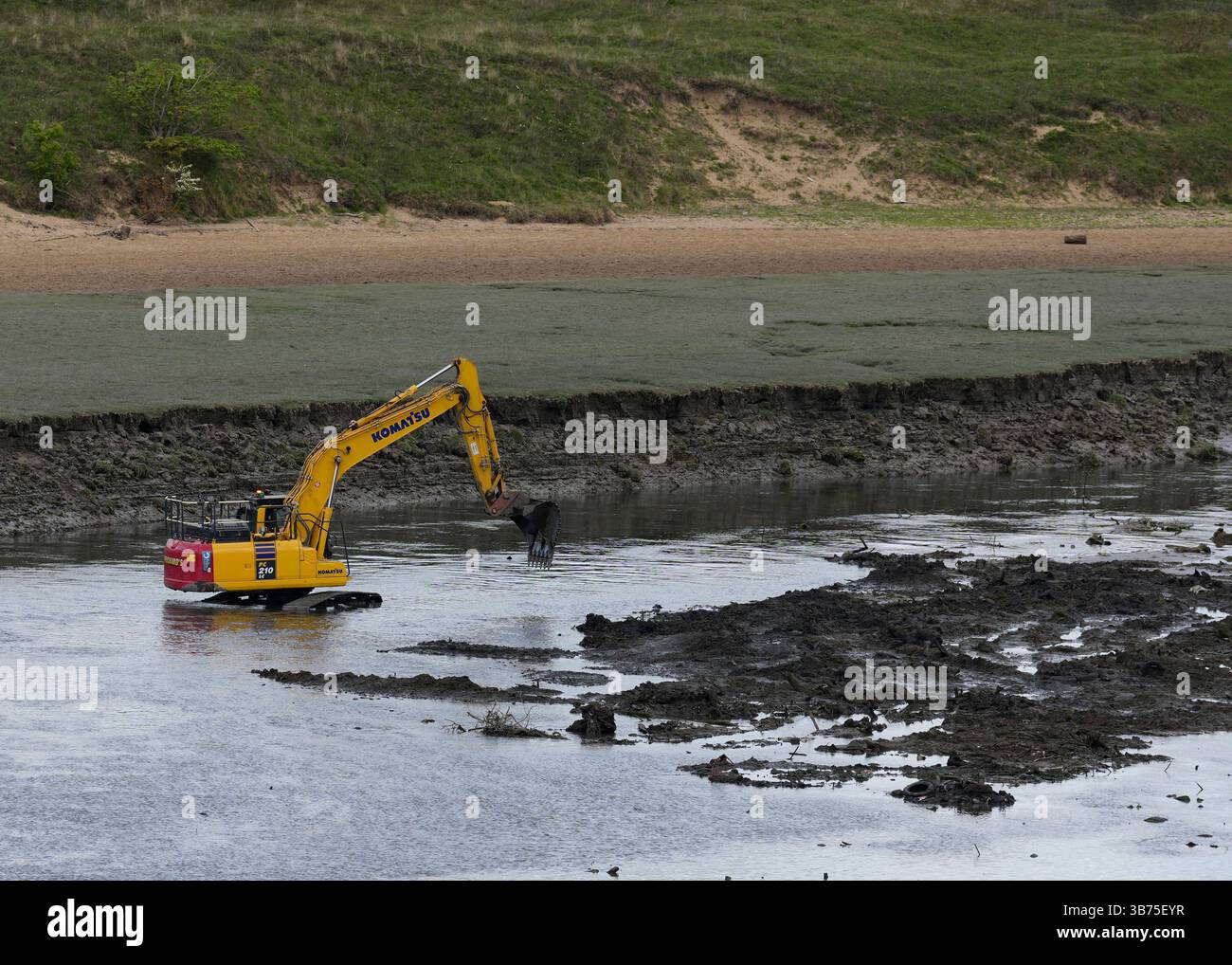 Bridgend County,UK, 05 May 2025 Heavy machinery in the river during the ...