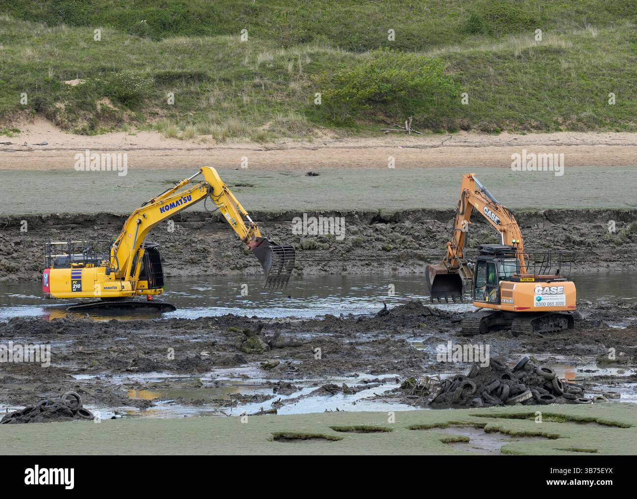 Bridgend County,UK, 05 May 2025 Heavy machinery in the river during the ...