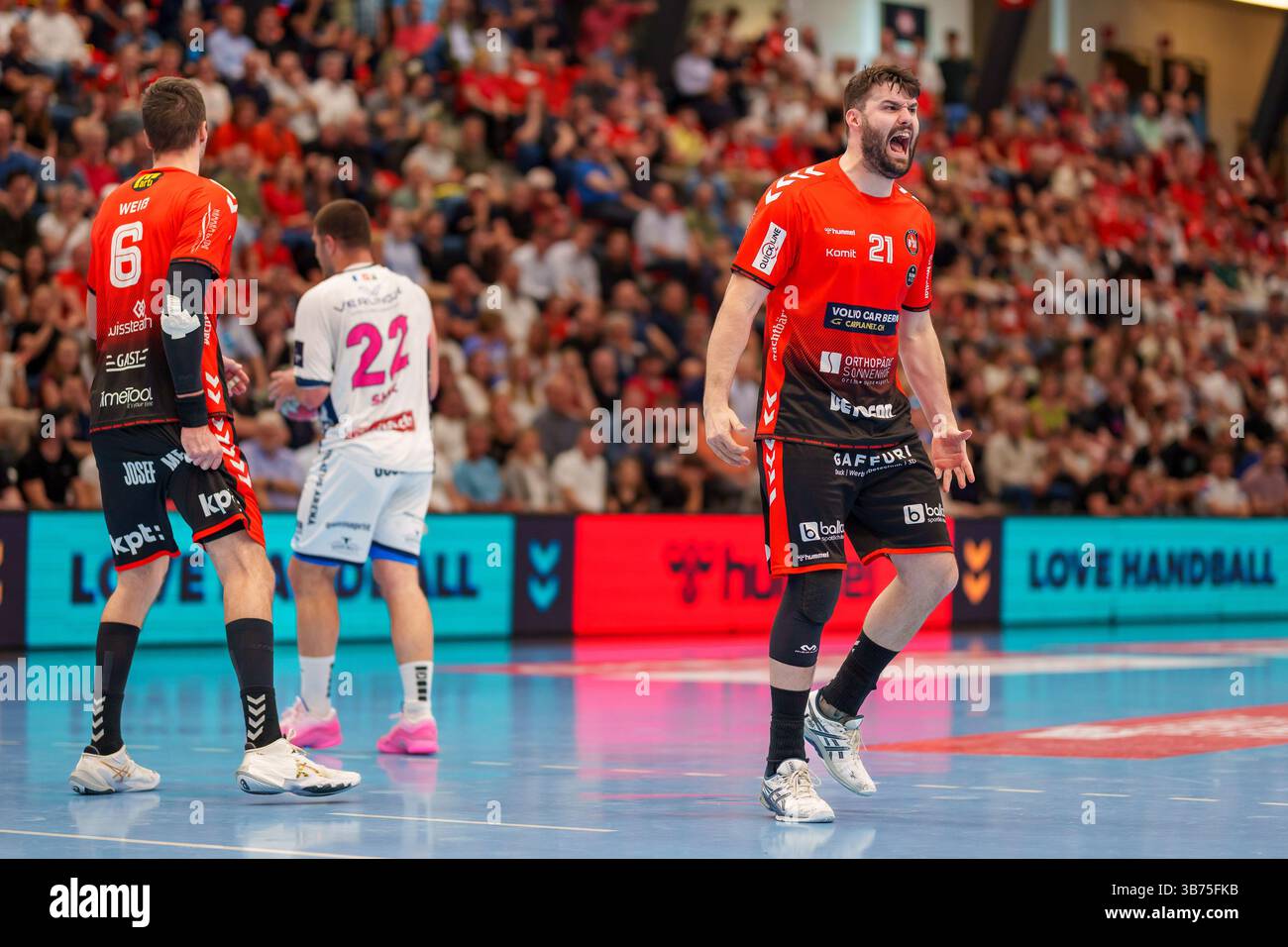 Bern, Switzerland. 1st May, 2025. Lucas Rohr (21 BSV Bern) celebrates ...