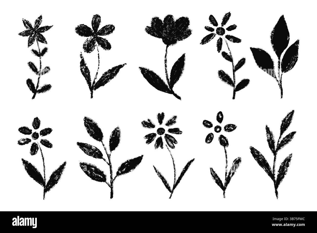 Grunge textured flowers and leaves set. Doodle flowers hand drawn with ...