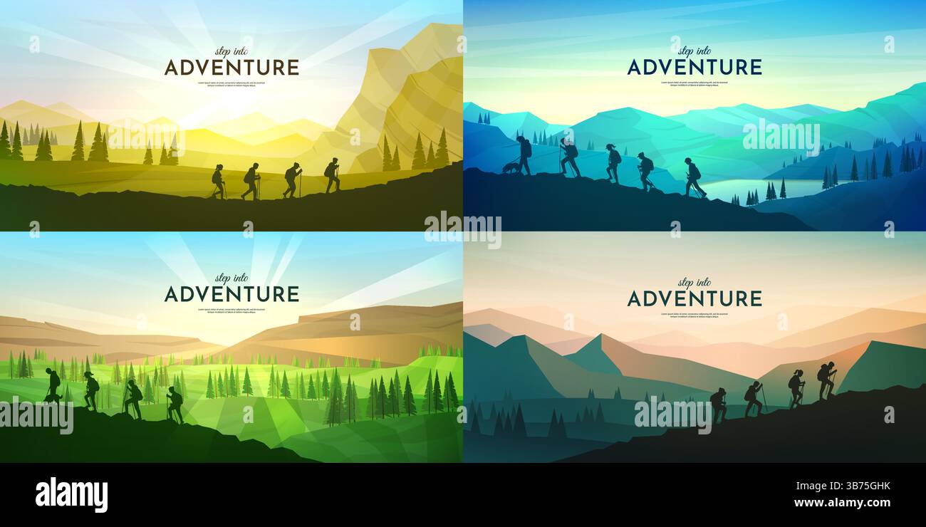 Vector illustration. Set of landscapes with a group of hikers climbing ...