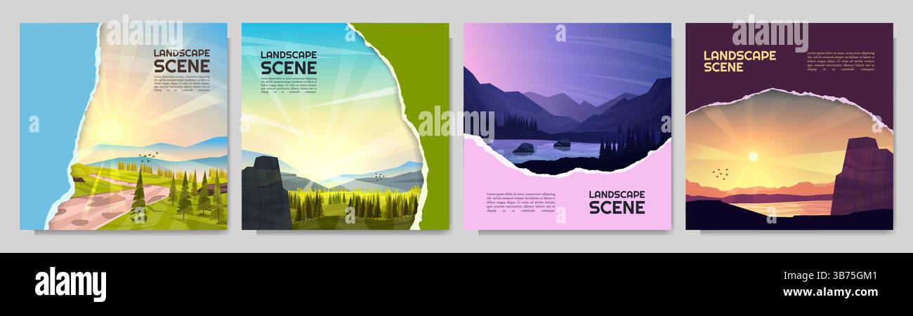 Vector illustrations. Square backgrounds set of landscape. Torn paper ...