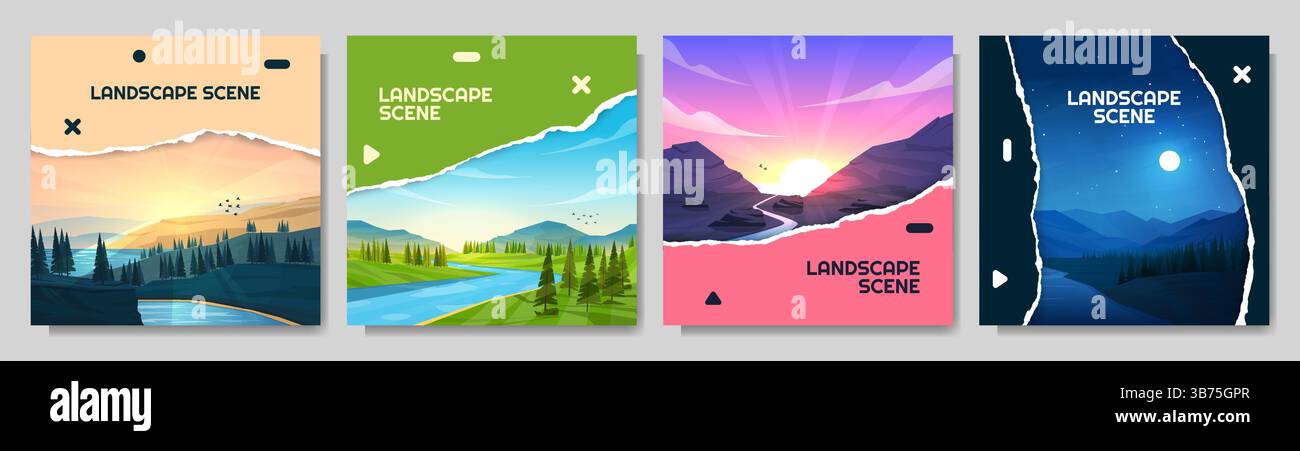 Vector illustrations. Square backgrounds set of landscape. Torn paper ...