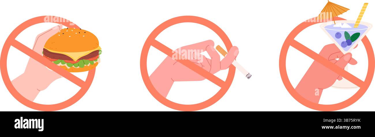 Prohibition signs. Stop eating fast food, drinking alcohol and smoke ...
