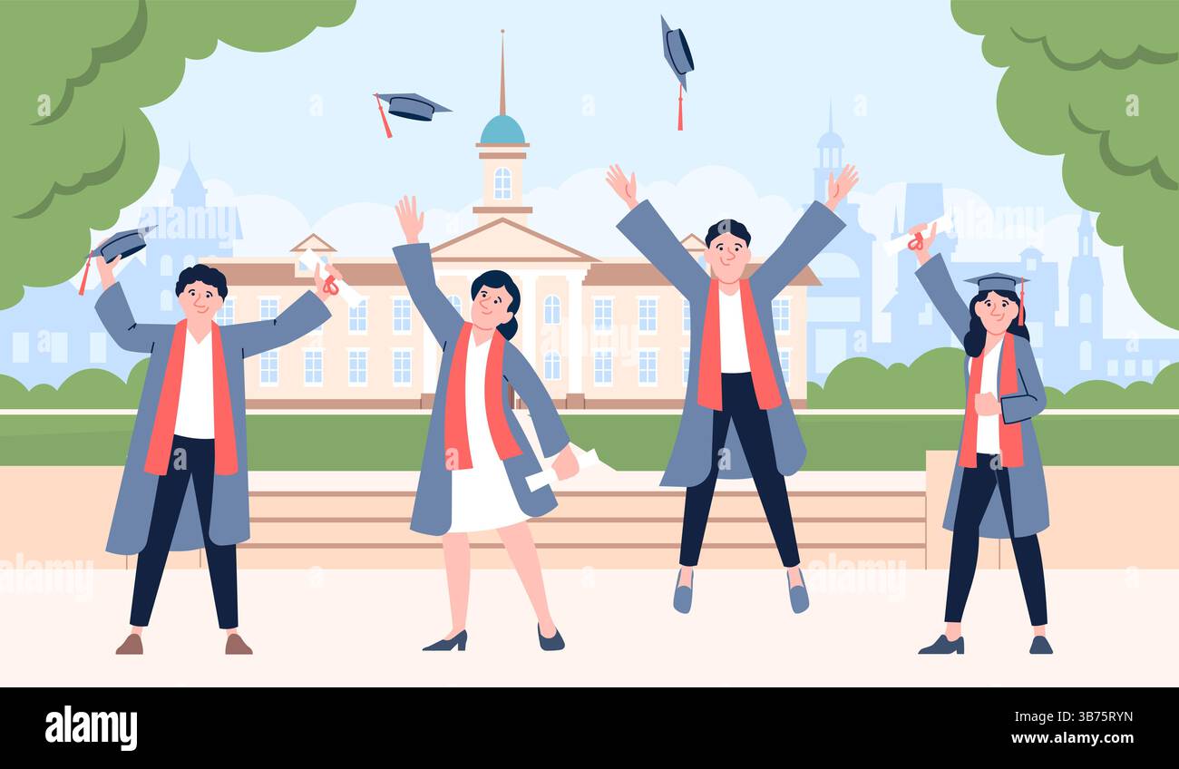 College park graduation students. Happy graduated in academic hats ...