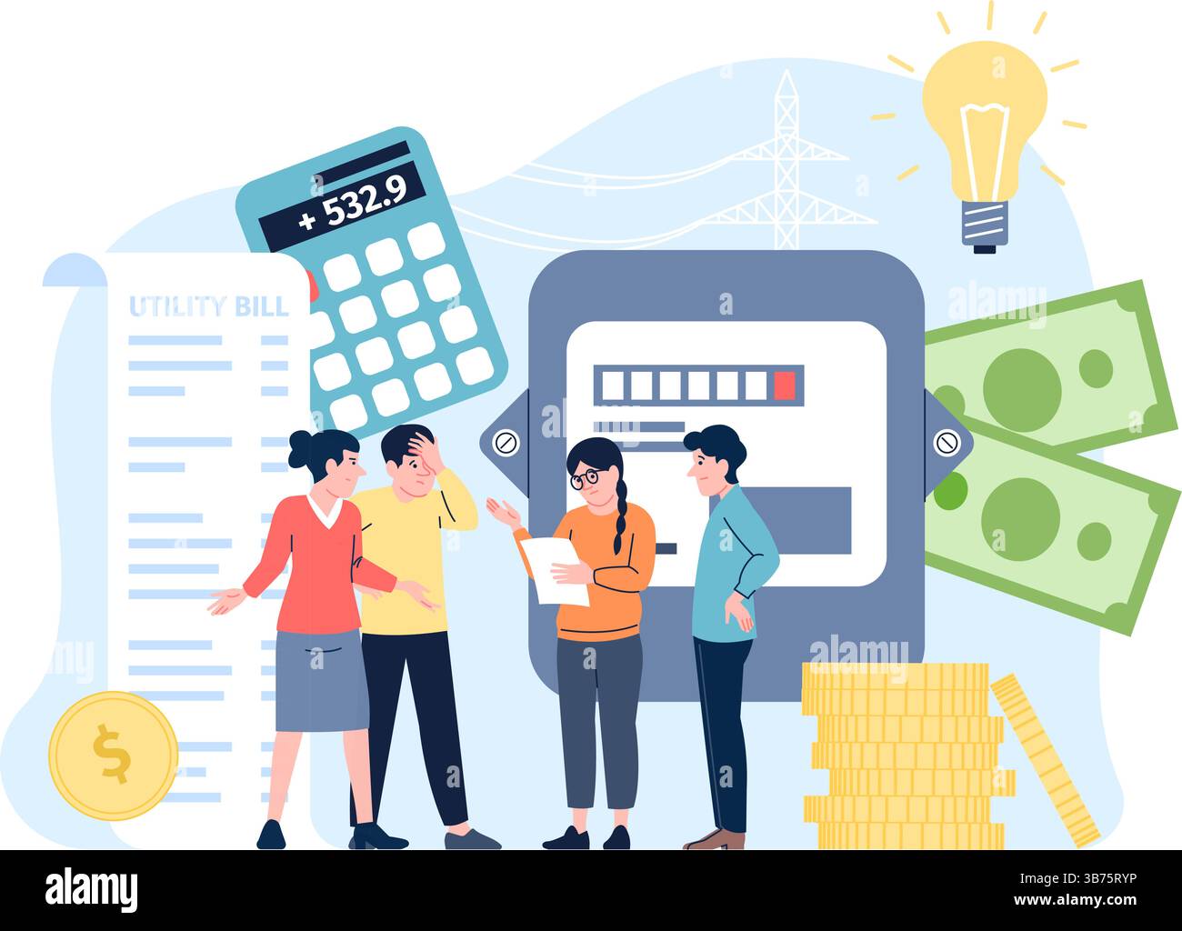 Electricity bills. People look on electricity bill invoice. Male female ...
