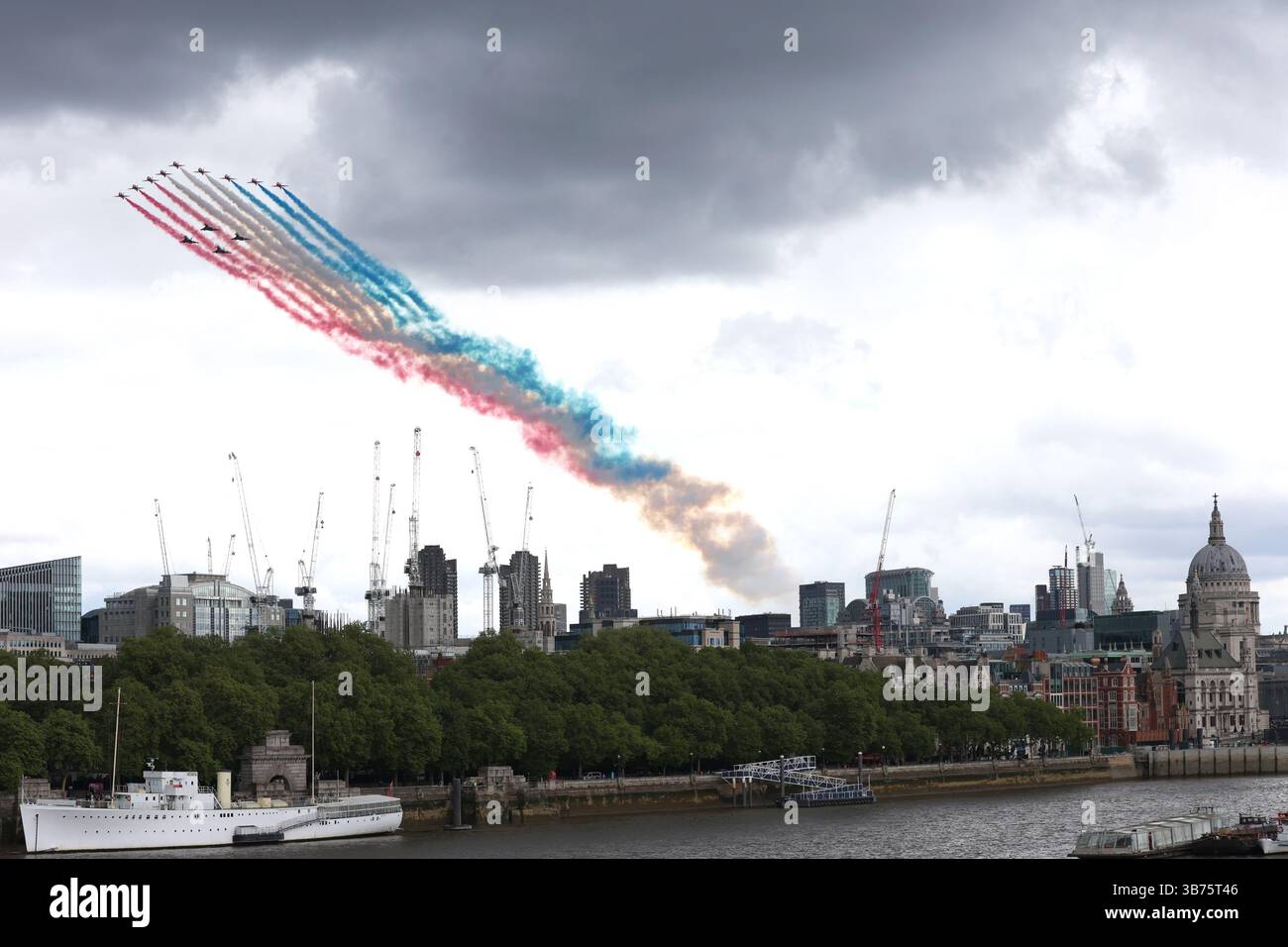 London, UK. 05th May, 2025. Red Arrows and four Eurofighter Typhoons ...