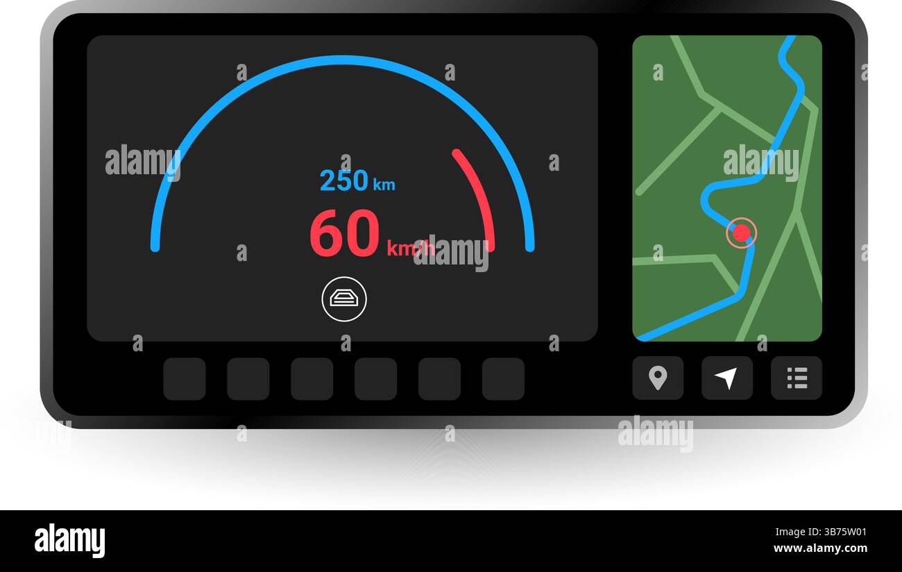 Modern vehicle dashboard interface design showing digital speedometer, remaining distance, and ...