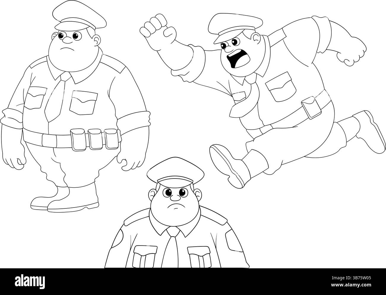 Set of cartoon doodle style fat policeman character illustrations in ...