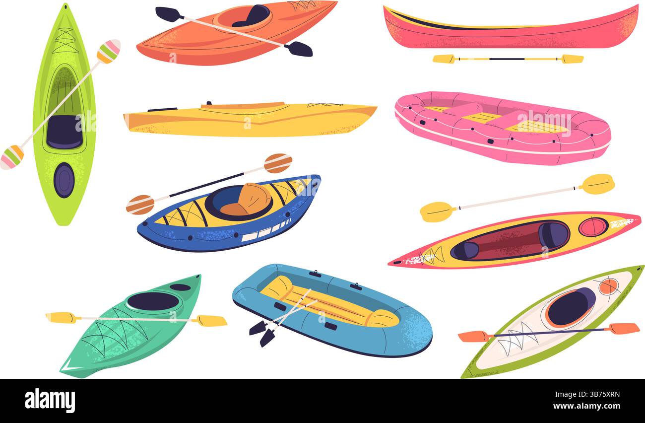 Kayak boats. Different boats kayaking sport equipment, canoe paddle ...