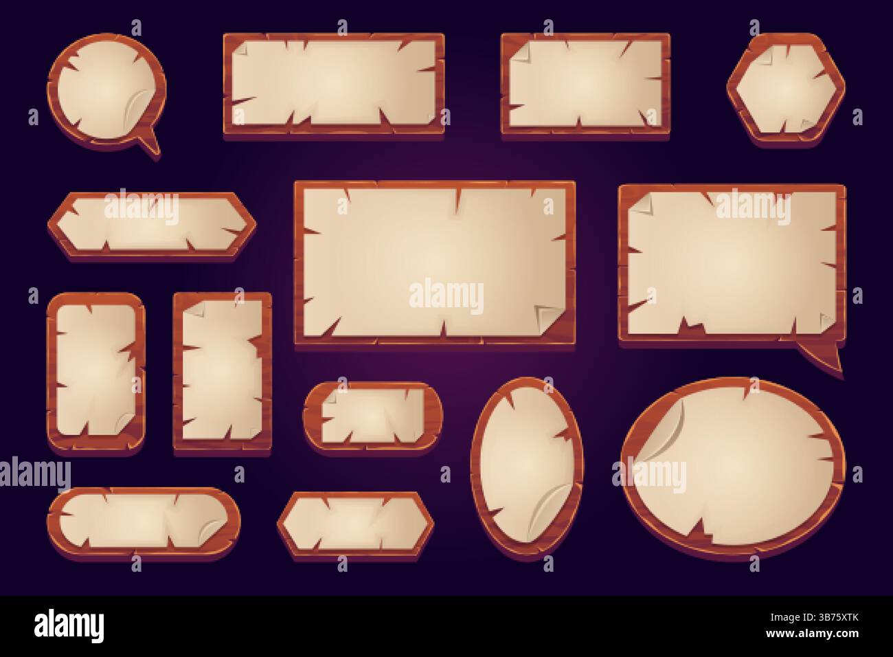 Wood paper ui. Wooden board with old papers parchment for cartoon ...