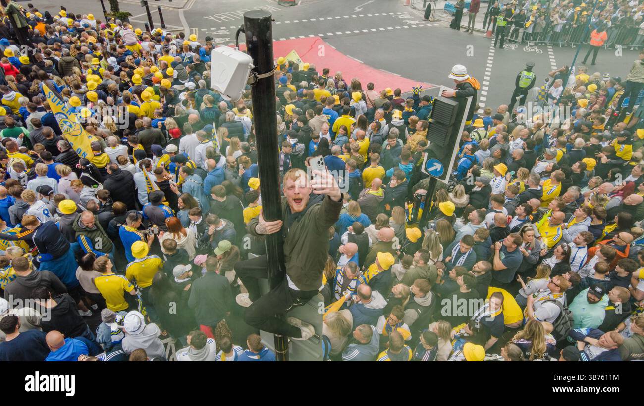 Leeds, UK. 05 MAY, 2025. Aerial shot of man taking a selfie as Leeds ...