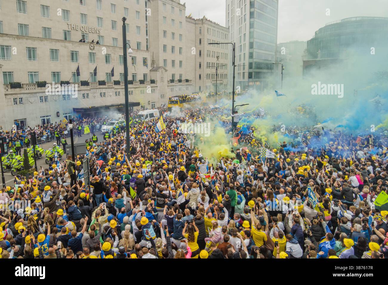 Leeds, UK. 05 MAY, 2025. Aerial shot of the buses carrying the Leeds ...