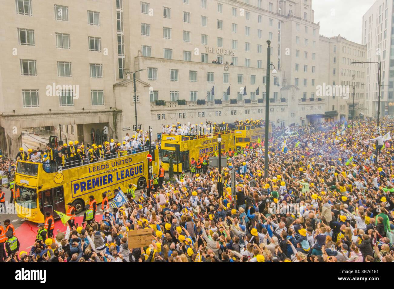 Leeds, UK. 05 MAY, 2025. Aerial shot of the buses carrying the Leeds ...