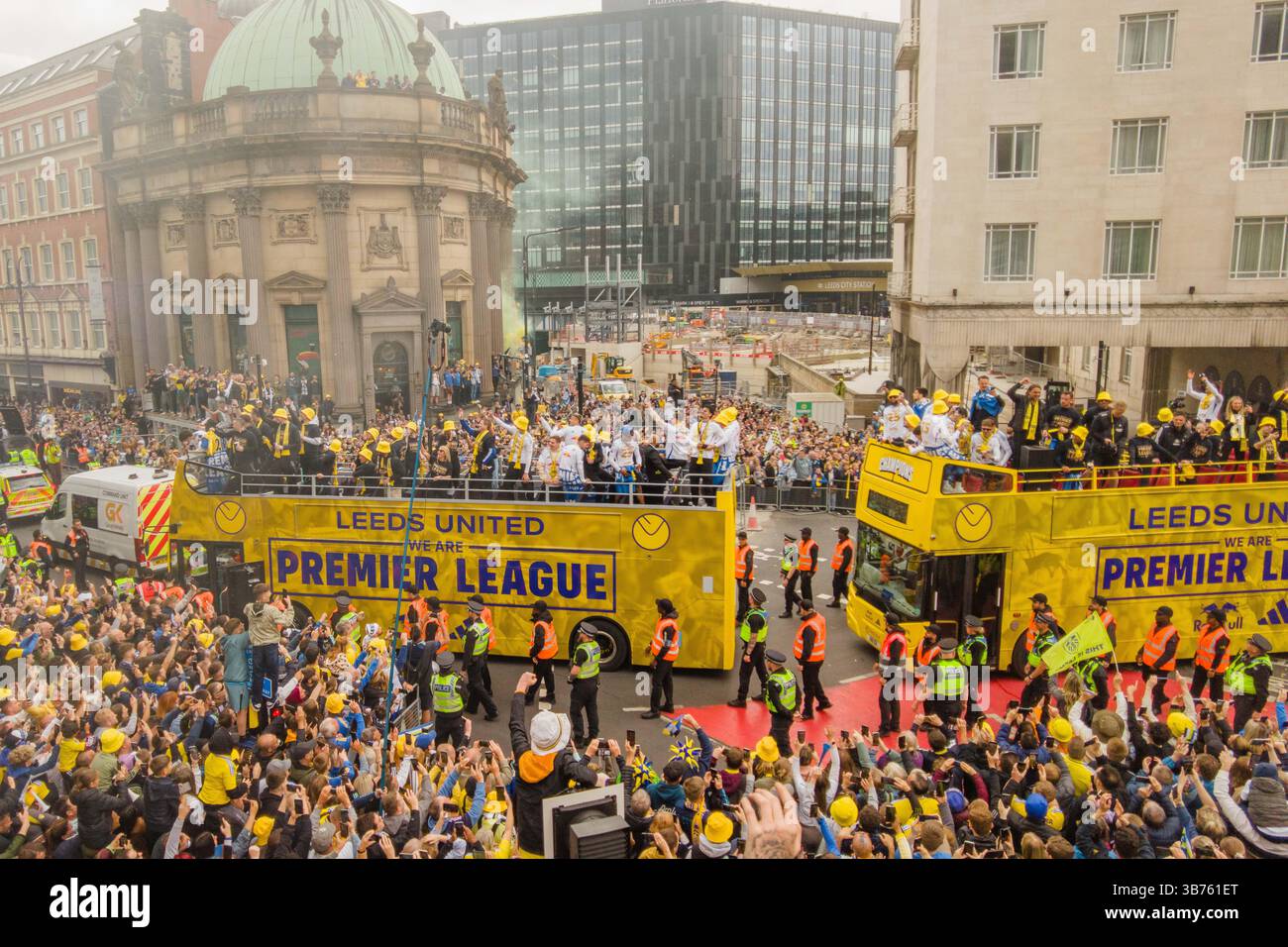 Leeds, UK. 05 MAY, 2025. Aerial shot of the buses carrying the Leeds ...