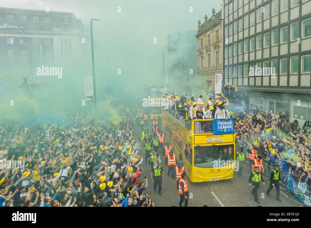 Leeds, UK. 05 MAY, 2025. Aerial shot of the buses carrying the Leeds ...