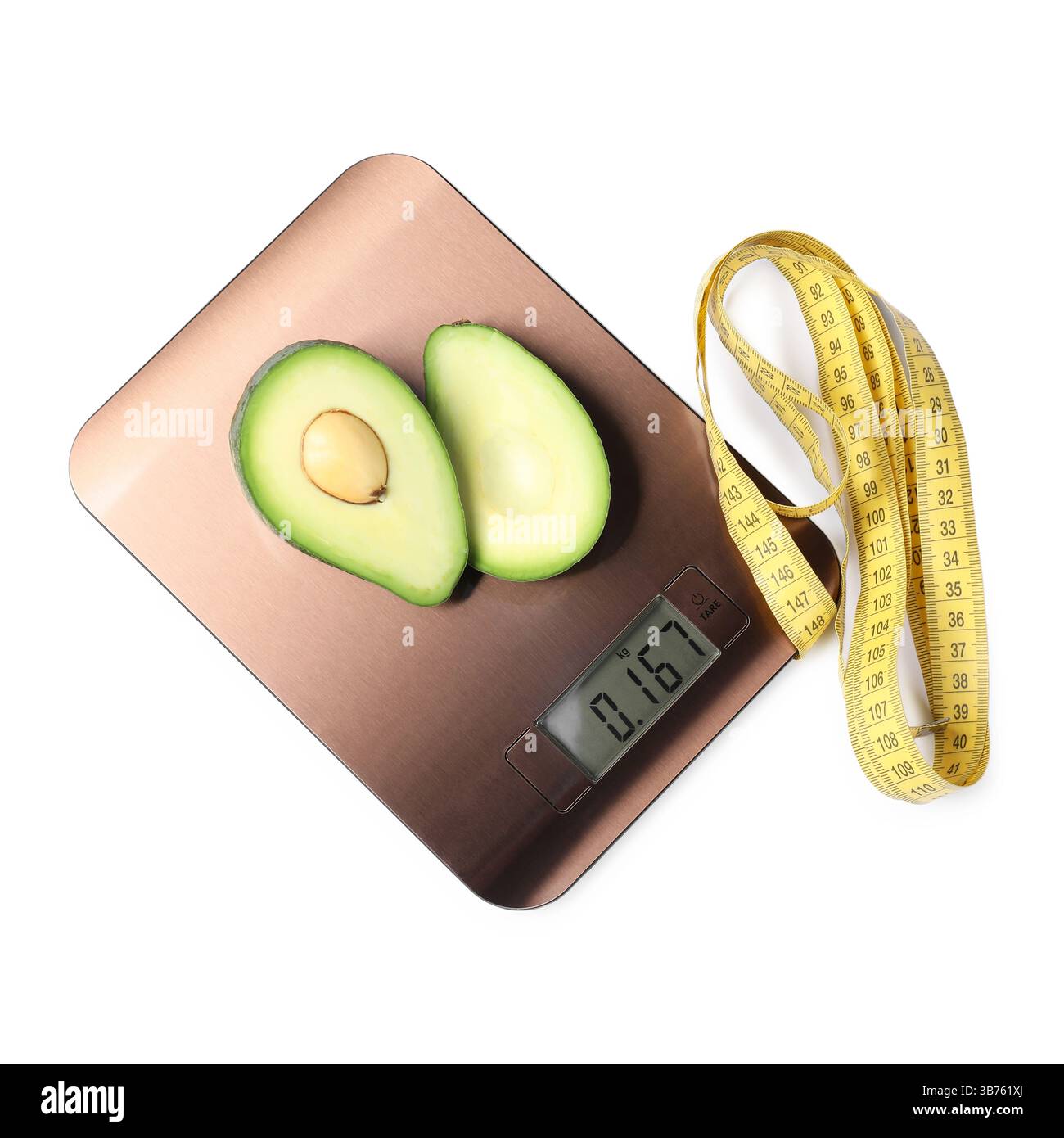 Electronic kitchen scales, avocado and measuring tape isolated on white ...