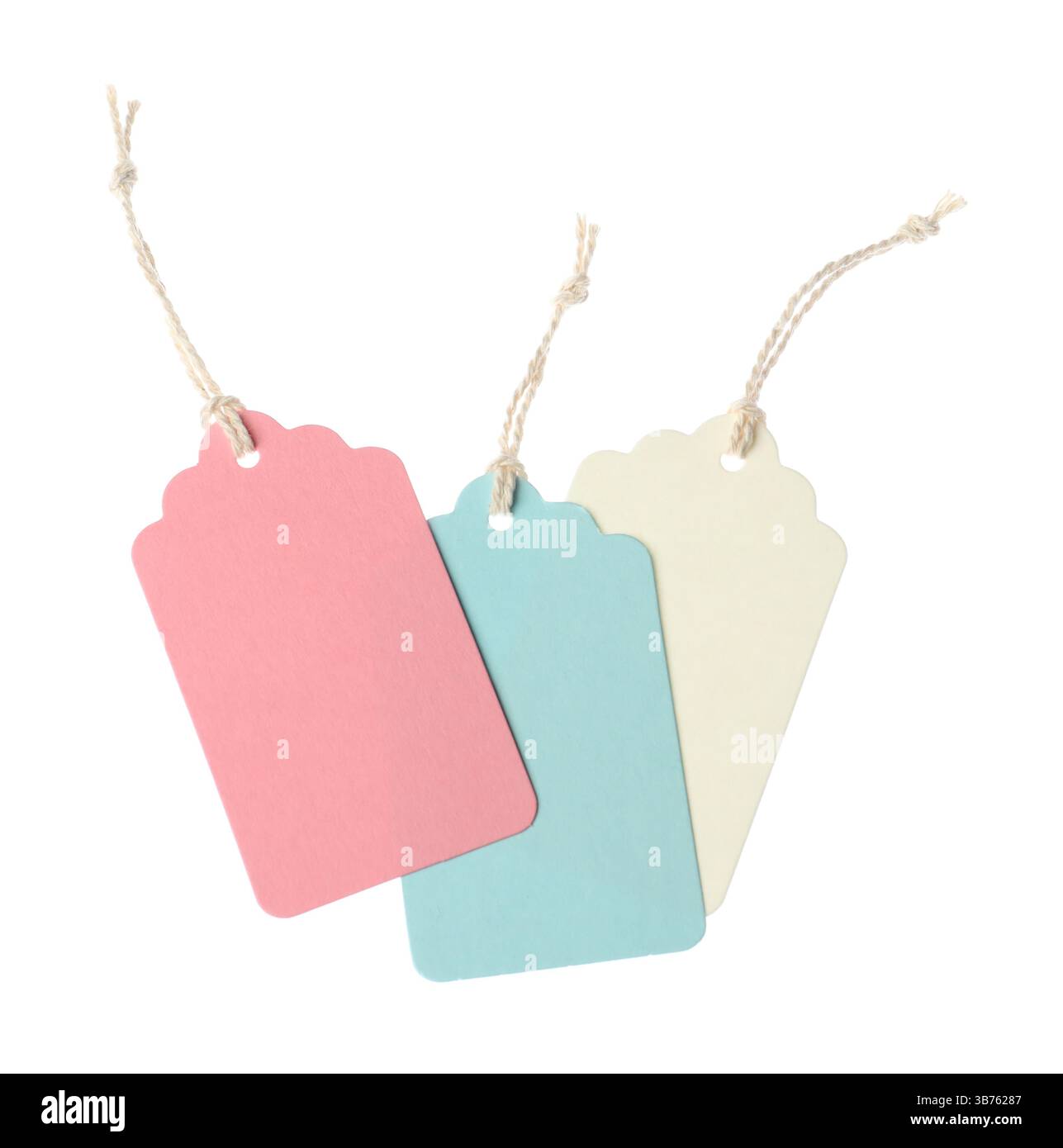 Different blank tags with strings isolated on white Stock Photo - Alamy