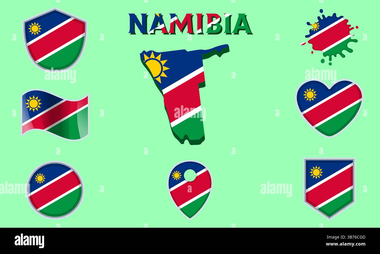 Collection of flags and coats of arms of Namibia in flat style with map ...