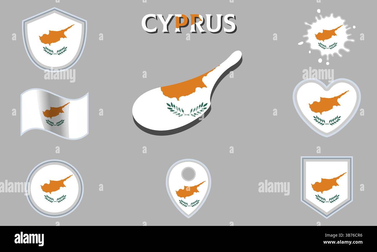 Collection of flags and coats of arms of Cyprus in flat style with map ...