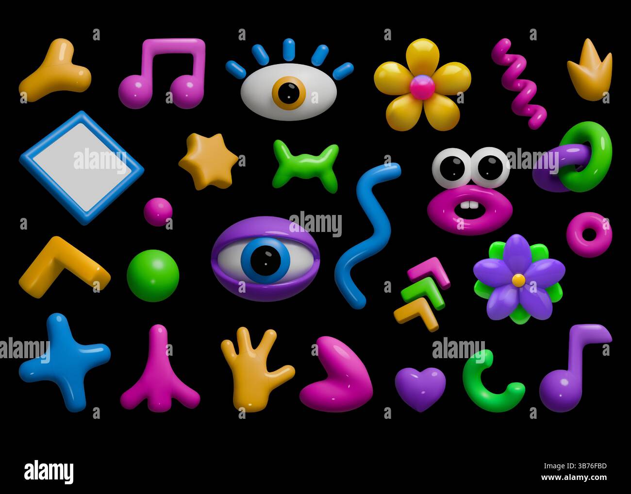 Y2K elements. Flower music 3D shapes. Fun abstract graphic with glossy ...
