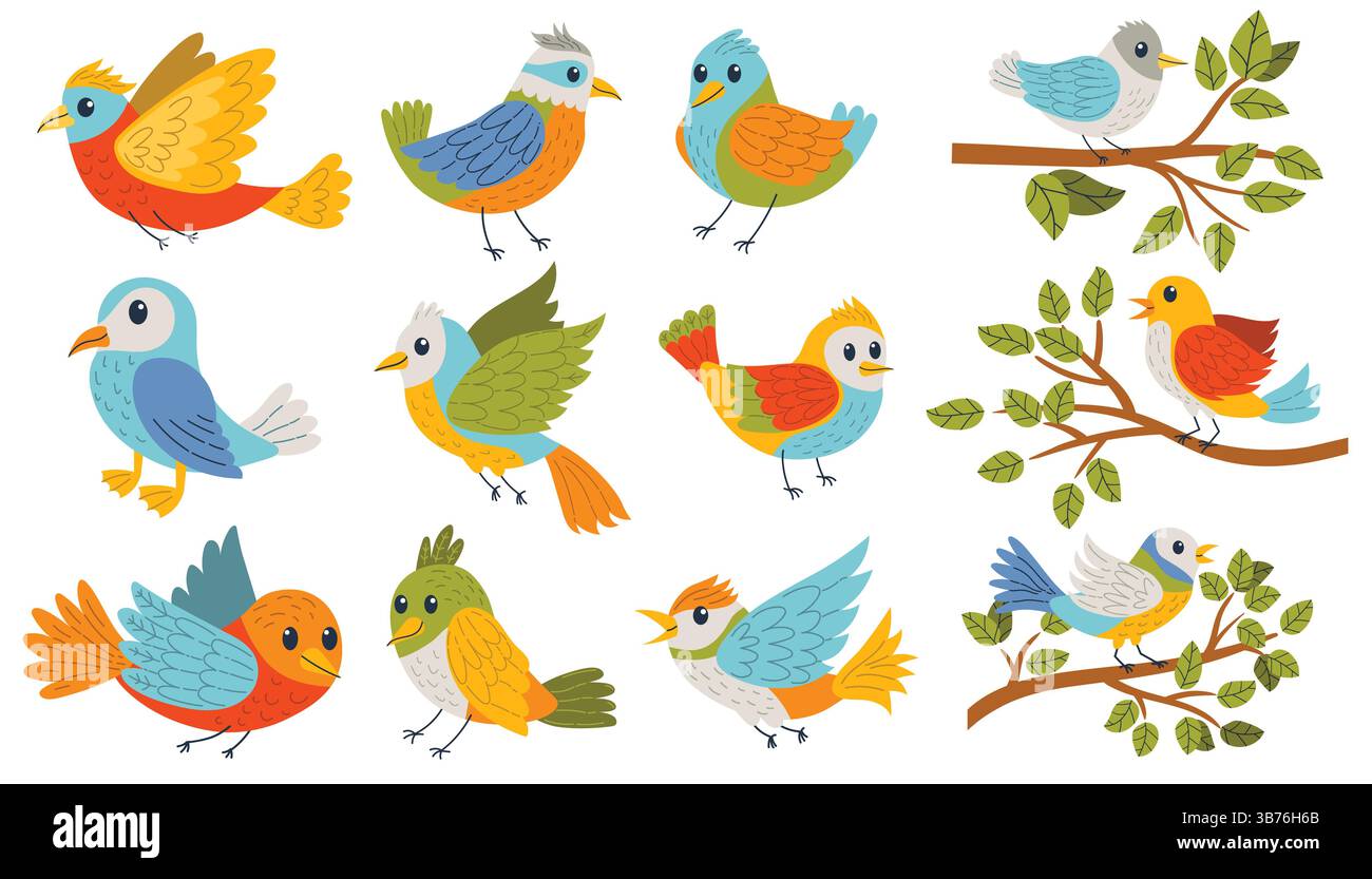 Set of colorful cartoon birds in flat style, featuring various species ...