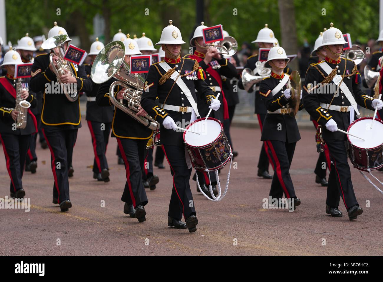 The Band of His Majesty’s Royal Marines parade on The Mall during a ...