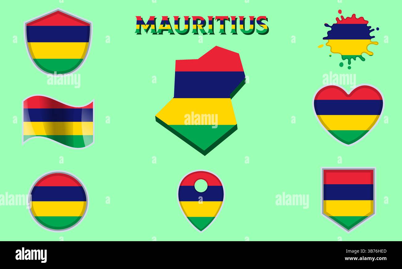 Collection of flags and coats of arms of Mauritius in flat style with ...