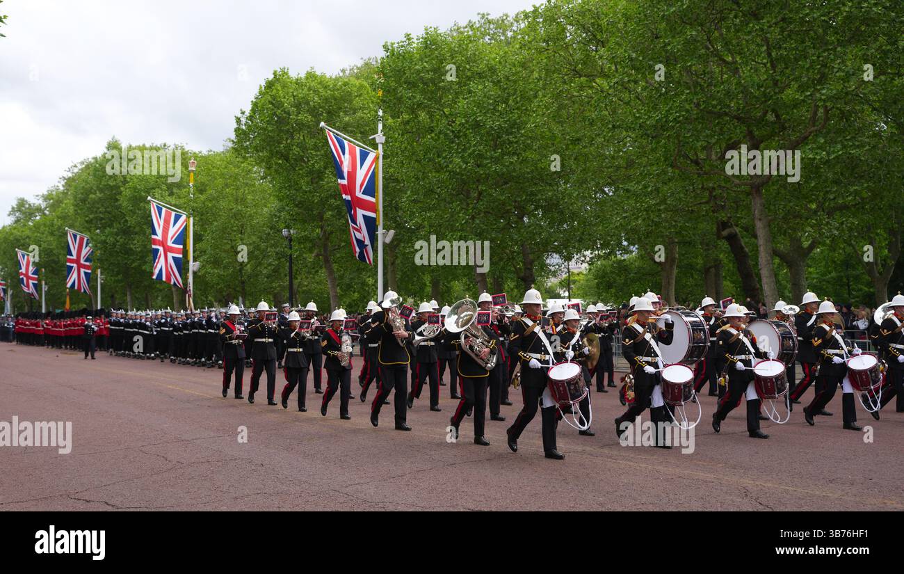 The Band of His Majesty’s Royal Marines parade on The Mall during a ...