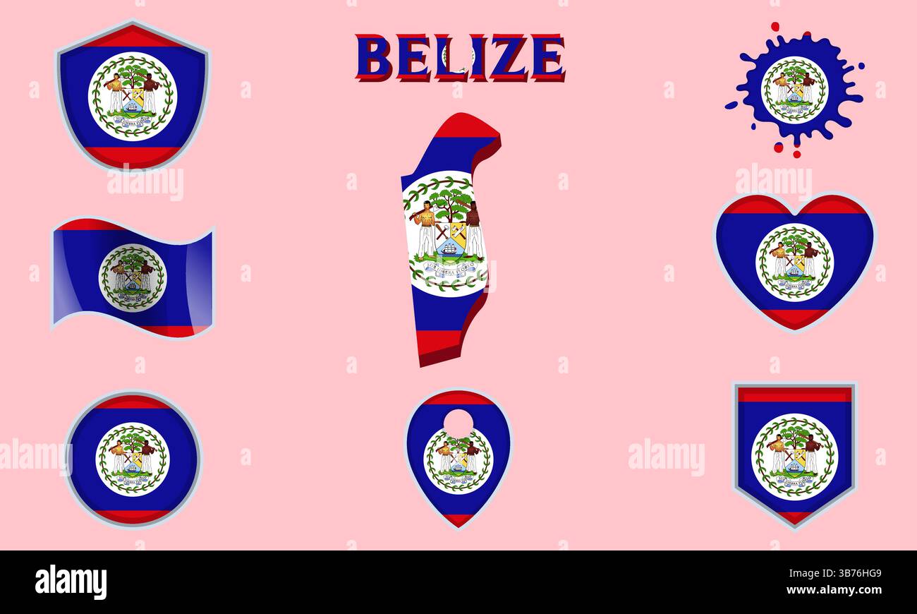 Collection of flags and coats of arms of Belize in flat style with map ...
