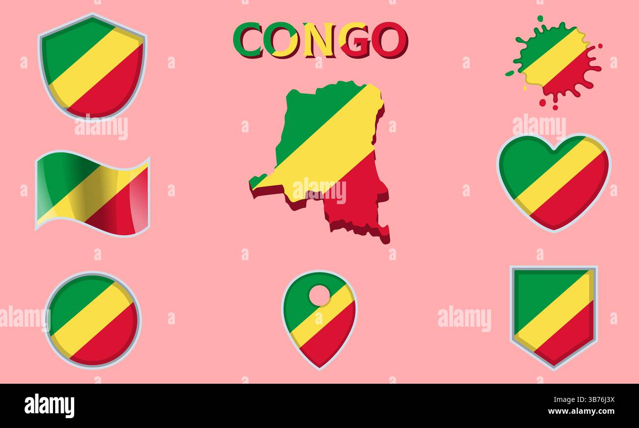 Collection of flags and coats of arms of Congo in flat style with map ...