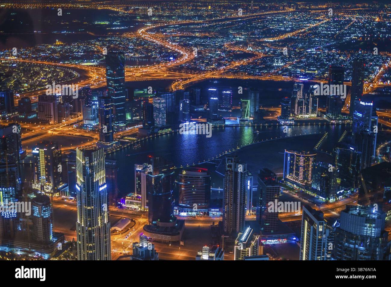 Dubai night view seen from the observation deck of Burj Khalifa. Shooting Location: Dubai Stock ...