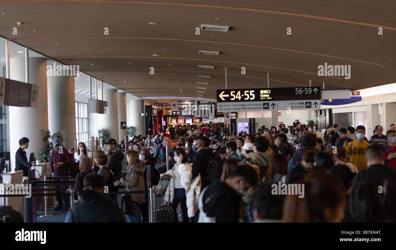 Fukuoka, Japan - January 19 2025 : crowded oversea tourists are waiting ...