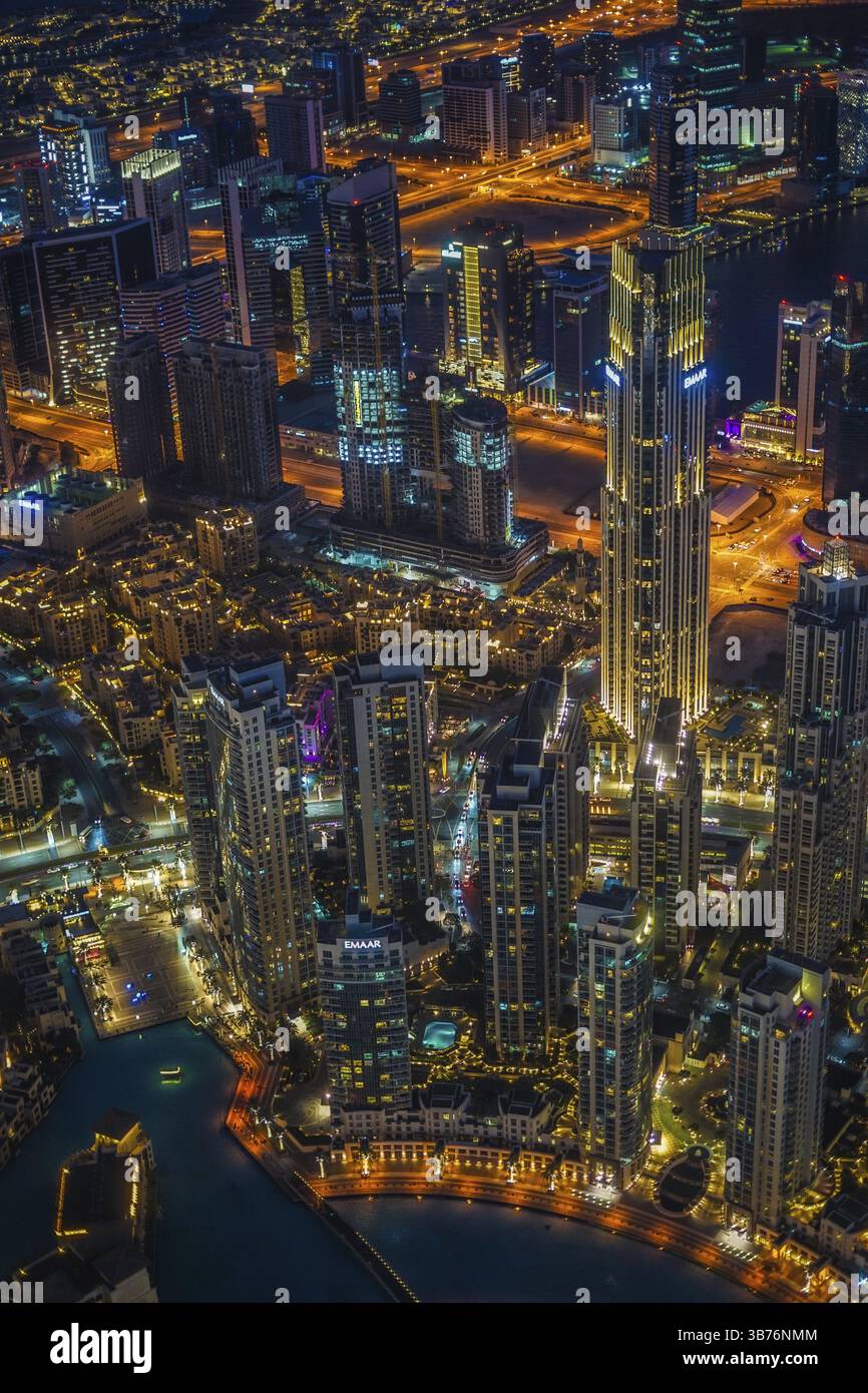Dubai night view seen from the observation deck of Burj Khalifa. Shooting Location: Dubai Stock ...