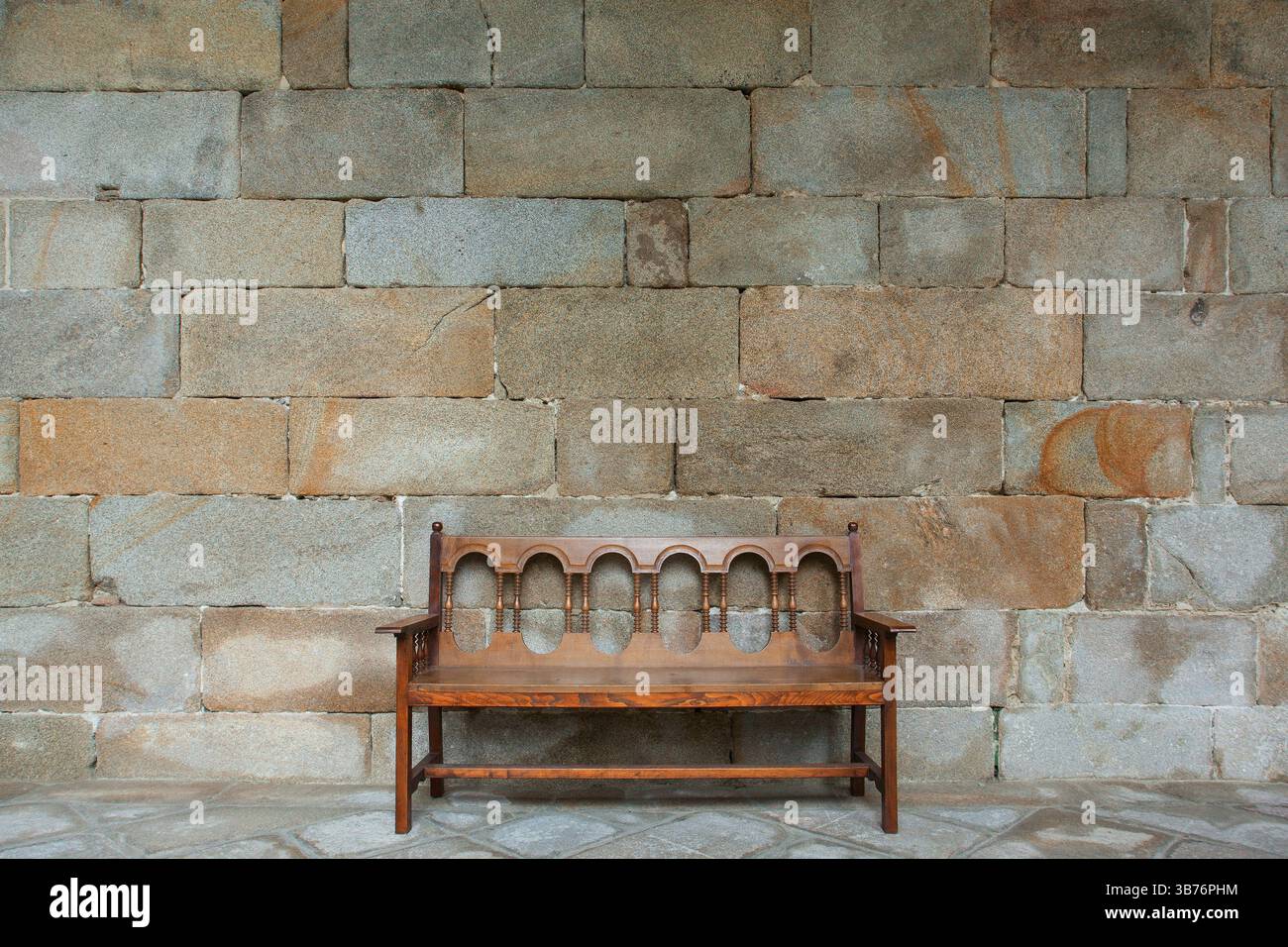 The empty bench on the promenade at the monastery, Mosteiro De Poio ...