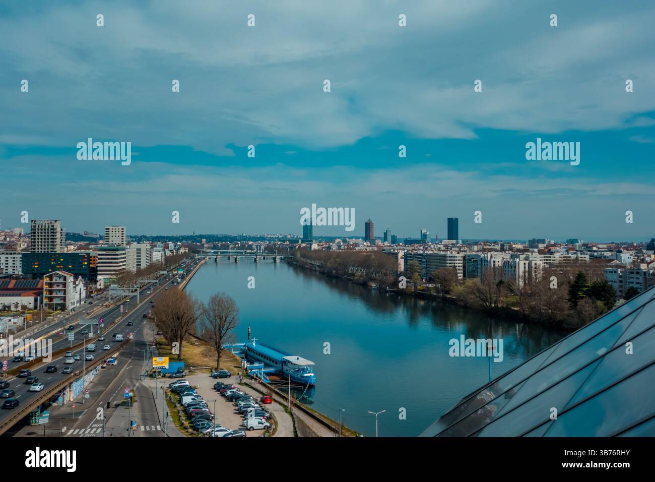 Aerial view of Lyon, France from the rooftop of the Confluence Museum ...