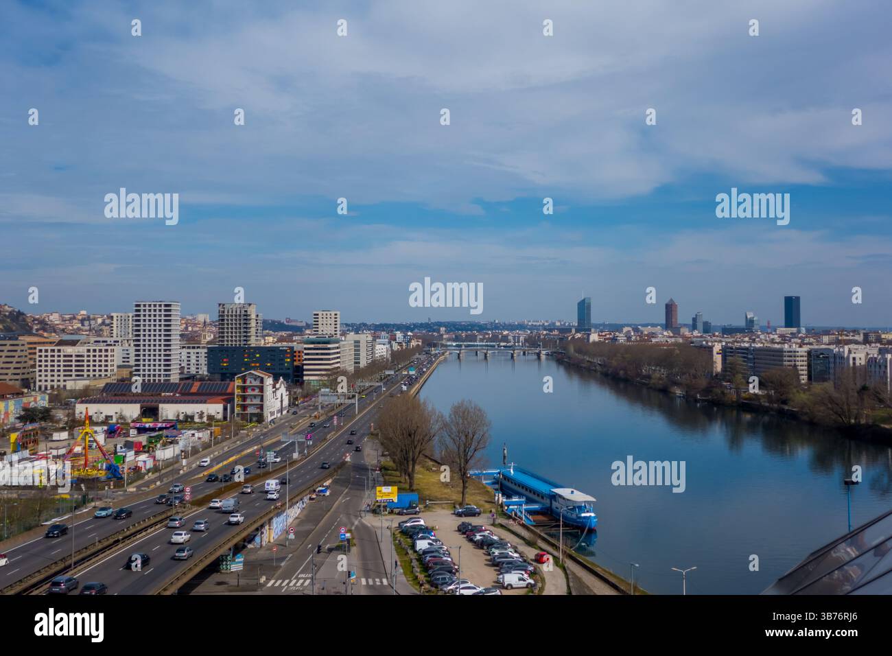 Aerial view of Lyon, France from the rooftop of the Confluence Museum ...