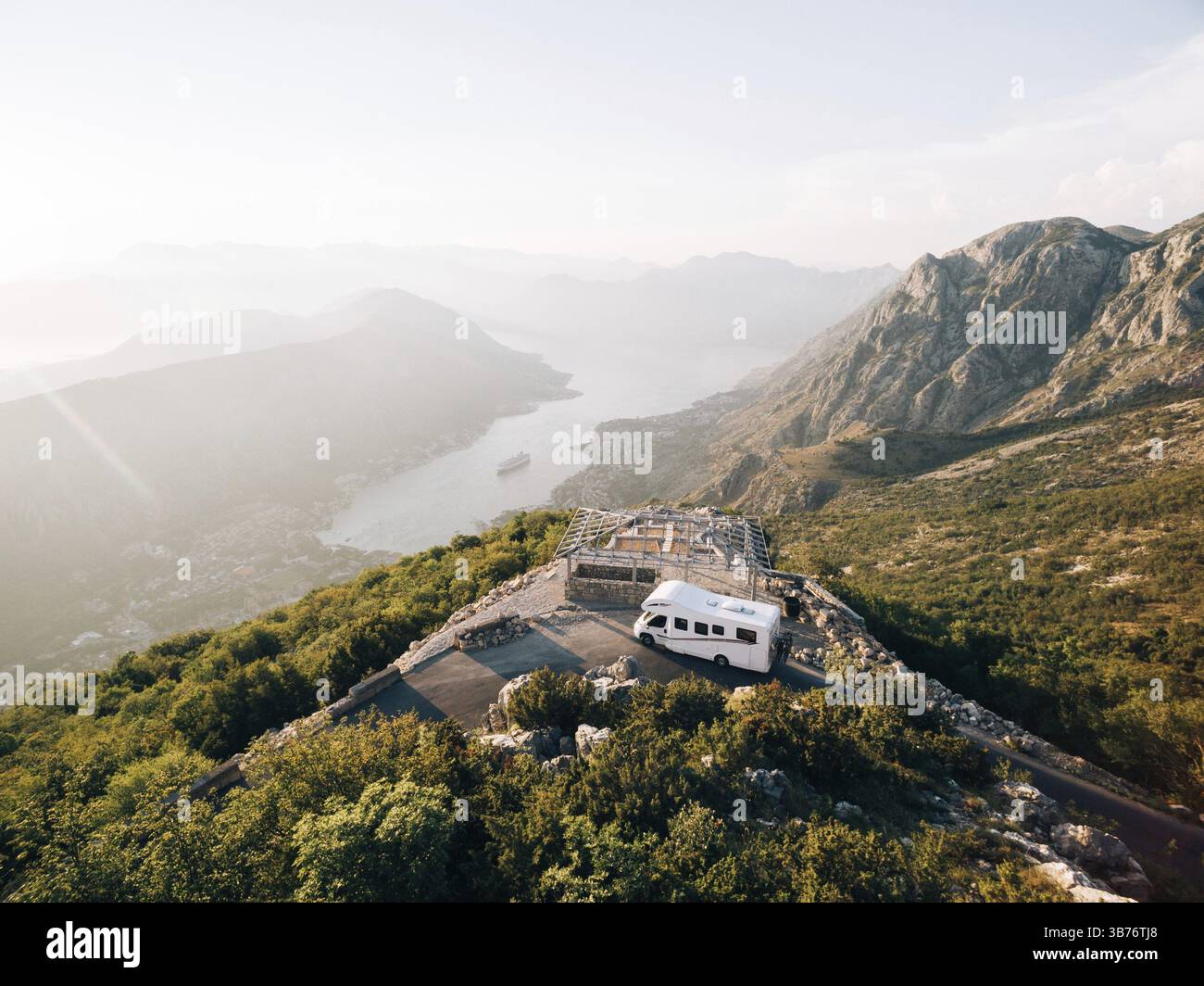 Caravan at the top of Mount Lovchen in Montenegro. A house on wheels ...